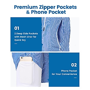 maamgic Mens Swim Trunks with Compression Liner 5" Stretch Beach Shorts Quick Dry with Zipper Pockets No-Chafing Board Shorts Blue White Stripe M