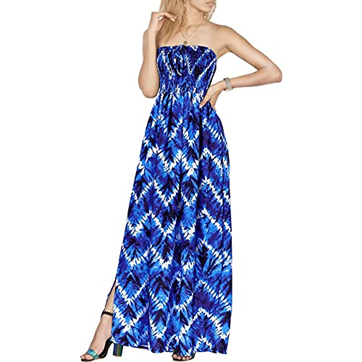 LA LEELA Women's Boho A line Smocked Strapless Dresses Evening Long Tube Top Slit Maxi Dress for Women One Size Azure, Zig Zag