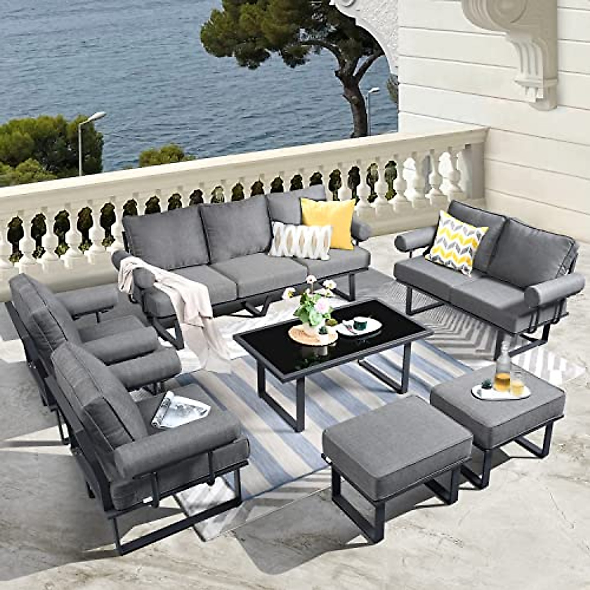 HOOOWOOO Aluminum Patio Furniture Set Outdoor Patio Conversation Set,7 Pieces Weather Resistant Outdoor Furniture Sofa Set with Armrest Cushion,Gray Frame Gray Cushion