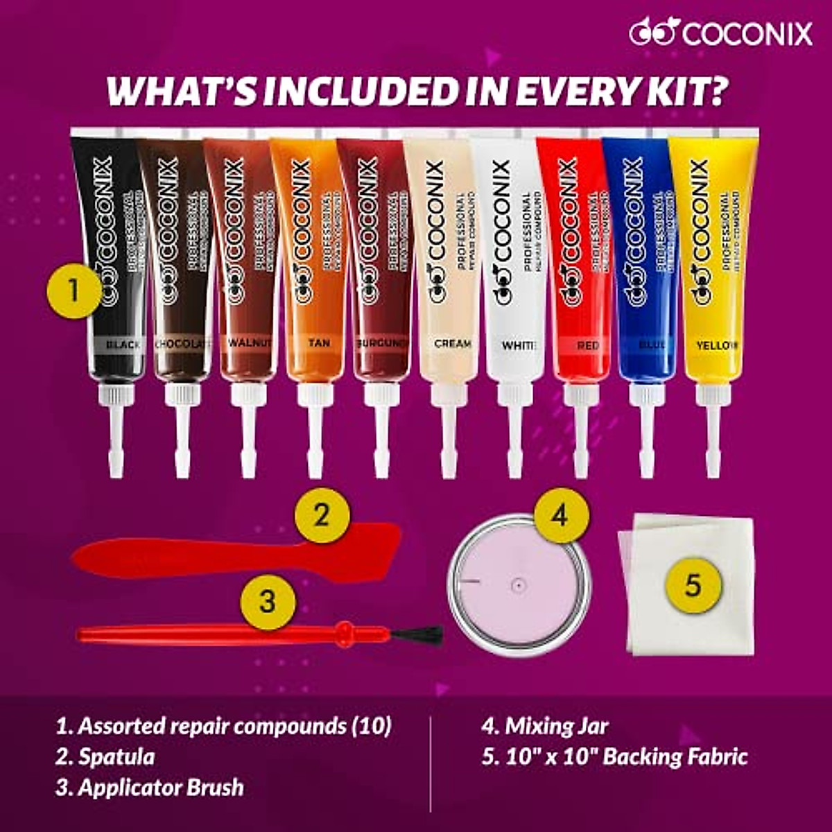 Coconix Vinyl and Leather Repair Kit - Restorer of Your Furniture, Jacket, Sofa, Boat or Car Seat, Super Easy Instructions to Match Any Color, Restore Any Material, Bonded, Italian, Pleather, Genuine