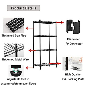 SORCEDAS Shelve 4 Tier Adjustable Utility Metal Storage Wire Rack Unit for Home Kitchen Garage Bathroom Office Indoor Black (Black, 4 Tier-Adjustable Feets)