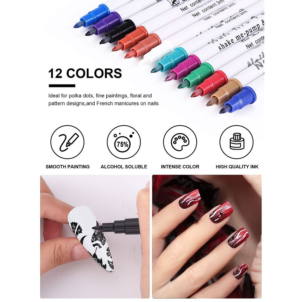 12 Color Metal Giltter 3D Nail Art Pens Set, Kalolary Nail Point Graffiti Dotting Pen Drawing Painting Liner Brush for DIY Nail Art Beauty Adorn Manicure Tools(E)