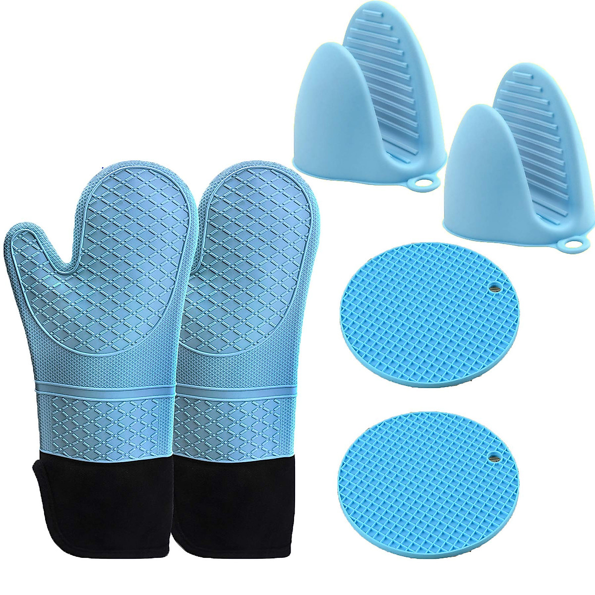 SNOMYRS Silicone Oven Gloves and 2-Piece High Temperature Resistant Silicone Hand Clip 2-Piece Non-Slip Coaster Silicone Coaster for Hot Surfaces (Blue)