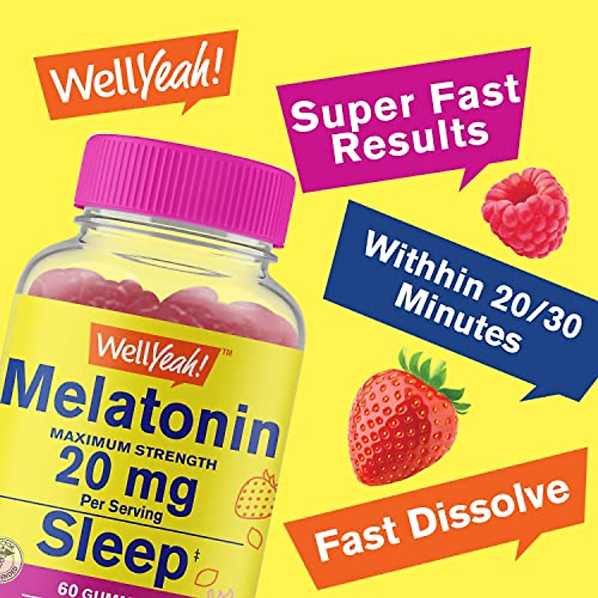 WellYeah Melatonin Gummies 20mg (2 Pack) - Naturally Sourced Flavors - Drug-Free Gummy Supplement - Gluten Free and Gelatin Free, Vegetarian - 60 Gummies