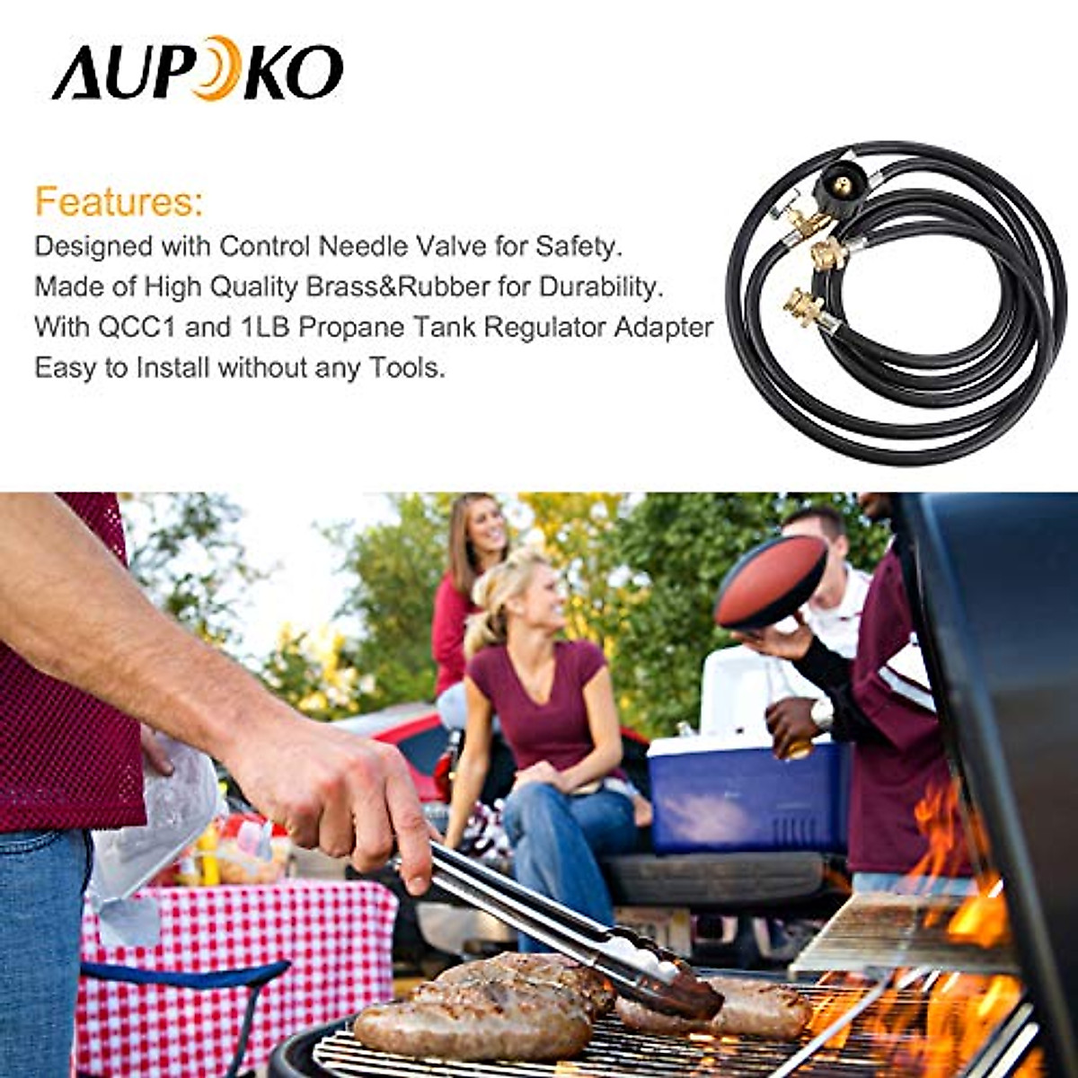 Aupoko Y Splitter CGA Propane Tank Converter Adapter Hose, 5 Feet 2 Way 350PSI High Pressure Extension Hose Assembly with QCC1 / Type1 for 20lbs Gas Tank, Fits for Camping Grill Stove