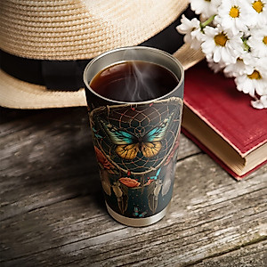 20oz Dream Catcher Butterfly Tumbler Cup, Insulated Travel Cup with Lid, Coffee Thermos for Women, Gifts for Women, Birthday Gifts for Mom, Daughter, Sister, Friends, Girlfriends, Coworker