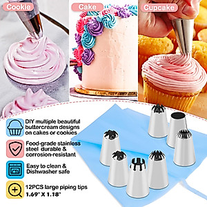 12PCS Large Piping Tips Set, Stainless Steel frosting tips with Reusable Pastry Bag, Cake Decorating Tips Set for DIY Pastry Dough, Cookie, Cupcake, Cake