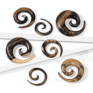 Pierced Owl Striped Ebony Wood Spiral Tapered Hanger Ear Plugs, Sold as a Pair (10mm (00GA))