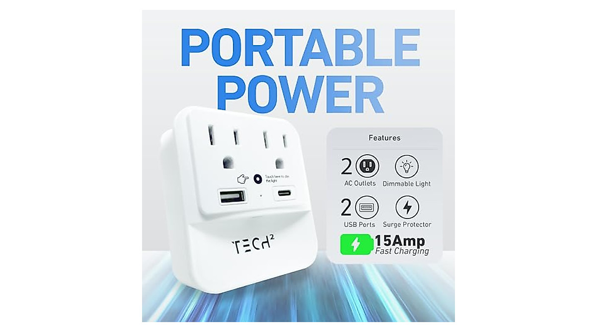 Tech2 Surge Protector with Night Light – 2 Outlets & USB Ports