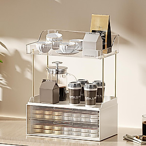 shuang qing 2-Tier 2-Drawer Bathroom Countertop Organizer, Skin Care Large Organizer, Multi-Purpose Makeup Storage Rack for Vanity, Cosmetic Counter Organizer (Clear)