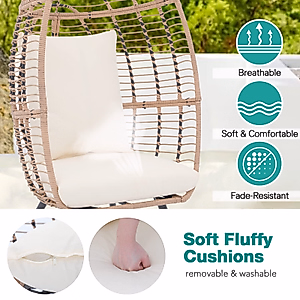 Patiorama Wicker Egg Chair Outdoor Indoor, Rattan Lounge Chair for Outside w/Legs Cushion, Basket Wicker Chair for Bedroom Living Room Front Porch Backyard Garden 350 lbs Capacity (Creamy White)