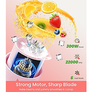 Portable Blender,MoKo 300W Portable Blender for Shakes and Smoothies,22 oz Personal Blender,Smoothie Blender with 6 Blades,BPA Free,USB Rechargeable,Handle and Straw Lid, Blender for Anywhere, Pink