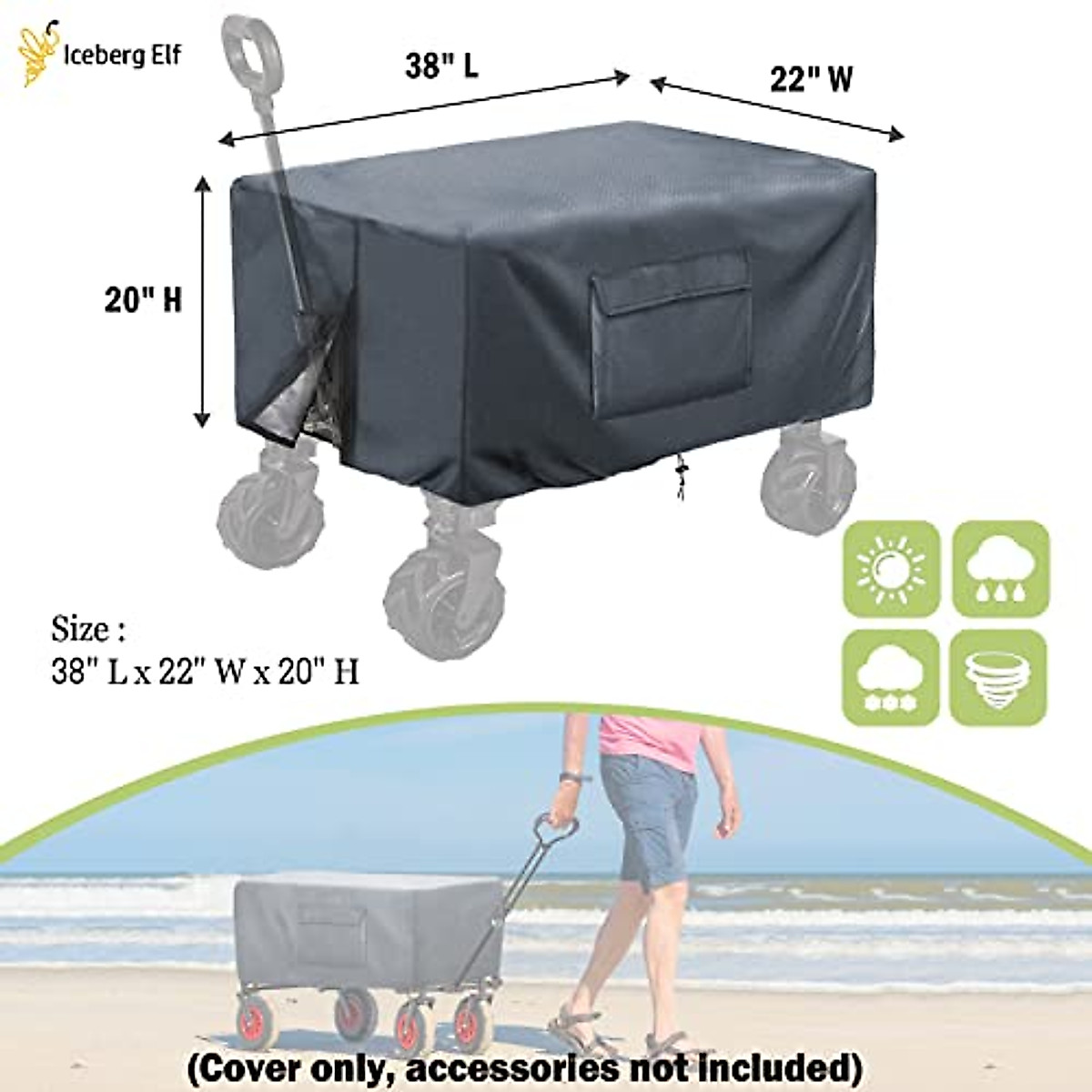 Iceberg Elf Waterproof Wagon Cover, Folding Wagon rain Covers 38" L x 22" W x 20" H, 600D Heavy-Duty Fabric, (Cover only, Accessories not Included) Grey
