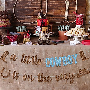 Cowboy Baby Shower Decoration A Little Cowboy Is On The Way Banner Western Boots Hats Backdrop Blue