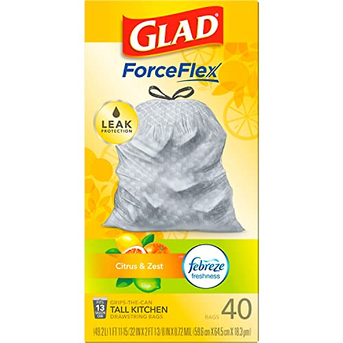 GLAD ForceFlex Tall Drawstring Trash Bags, 13 Gallon Grey Trash Bags for Tall Kitchen Trash Can, Citrus & Zest with Febreze Freshness to Eliminate Odors, 40 Count - Packaging May Vary