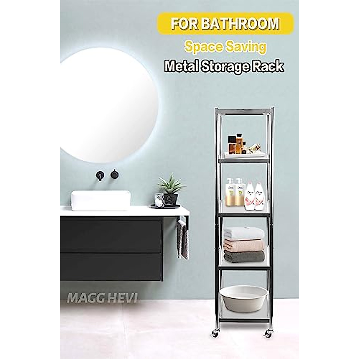 MAGG HEVI Stainless Steel Bathroom Storage Shelves 5-Tier Storage Shelves with Wheels Flower Plant Stand Heavy Duty Shelving,Metal Corner Shelf for Bathroom/Bedroom/Kitchen/Livingroom