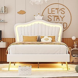 Lucakuins Led Full Size Upholstered Bed Frame with LED Lights,Modern Upholstered Princess Bed with Crown Headboard,Whit