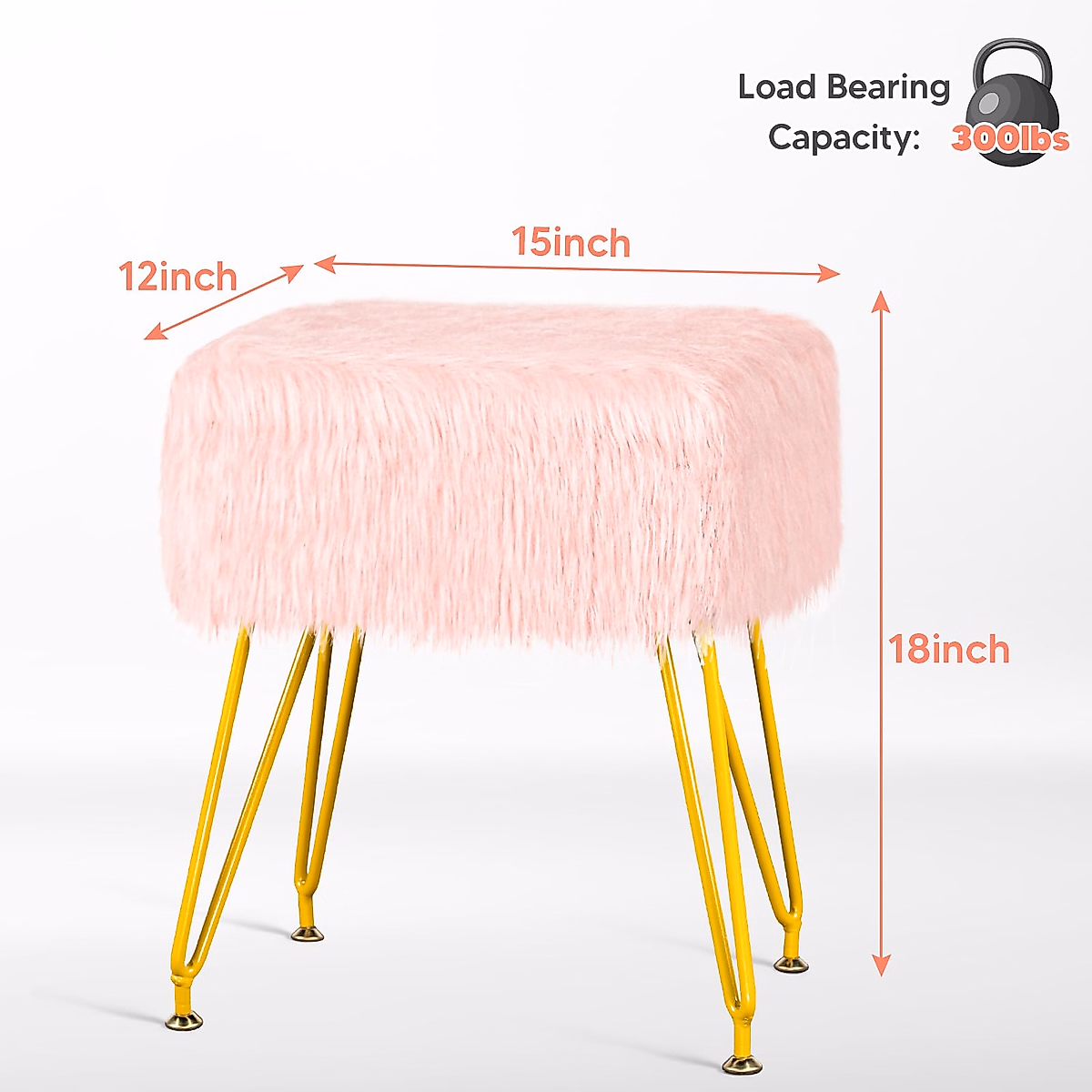 MOOWIND Vanity Stool Chair with Storage, Soft Ottoman Seat Vanity Stool with Anti-Slip Feet, Fluffy Padded Seat Multifunctional Footrest Side Table with 4 Metal Legs for Makeup, Bedroom, Pink