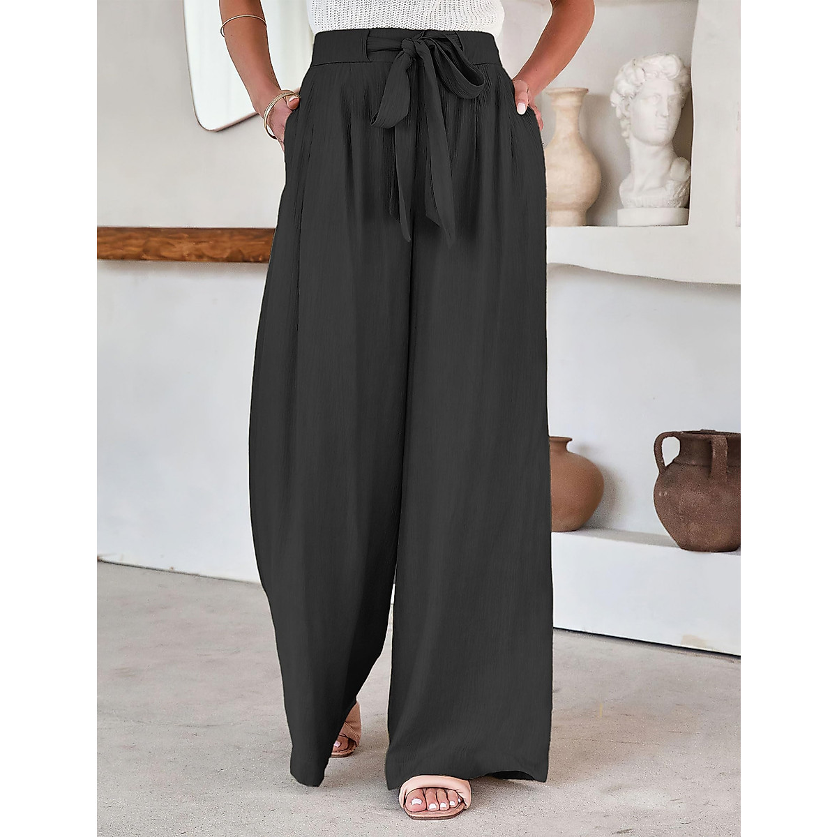 MUSIDORA Black Wide Leg Pants for Women Black Slacks Women Casual Drawstring Linen Slacks Travel Beach Boho Flowy Stretchy Petite (Black L)