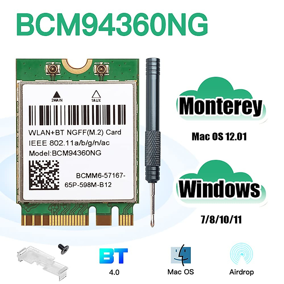BCM94360NG NGFF M.2 2230 WiFi Card 802.11ac 1200Mbps Adapter for macOS BCM94360CS Wireless Card Original M.2 Card Plug and Play for AirDrop Continuity Handoff Better BCM94352Z DW1560 for Intel NUC