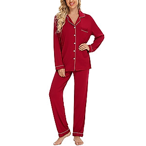 Pjmlifecoco Pj Sets for Woman Long Sleeve Button Down Sleepwear Two Piece Shirt and Pajama Pants Soft Pajamas Nightwear Lounge Set Red