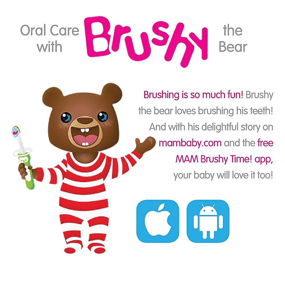 MAM Learn to Brush Set (1 Baby's Brush Toothbrush, 1 Training Brush, 1 Safety Shield), Baby Toothbrushes with Brushy The Bear, Interactive App, for Girls 5+ Months, Pink