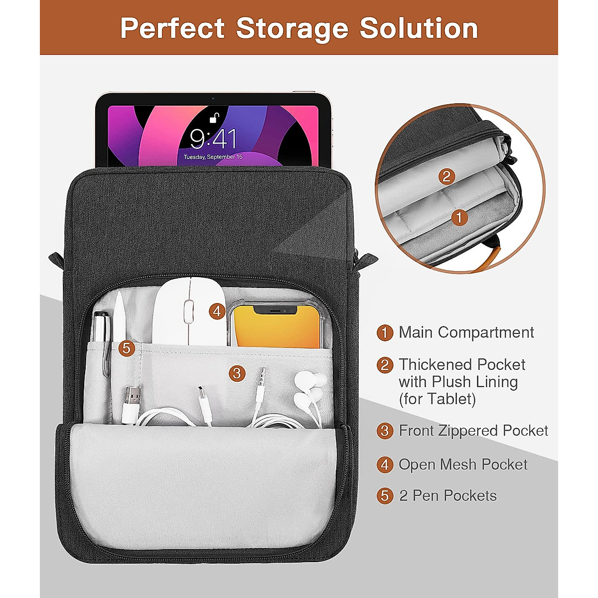 MoKo 9-11 Inch Tablet Sleeve Bag Handle Carrying Case with Shoulder Strap Fits New 11-inch iPad Pro M4/iPad Air M2, iPad 10th 10.9, iPad 9/8/7th 10.2, iPad Air 5/4th 10.9, Tab S8/S9 11, Black & Gray