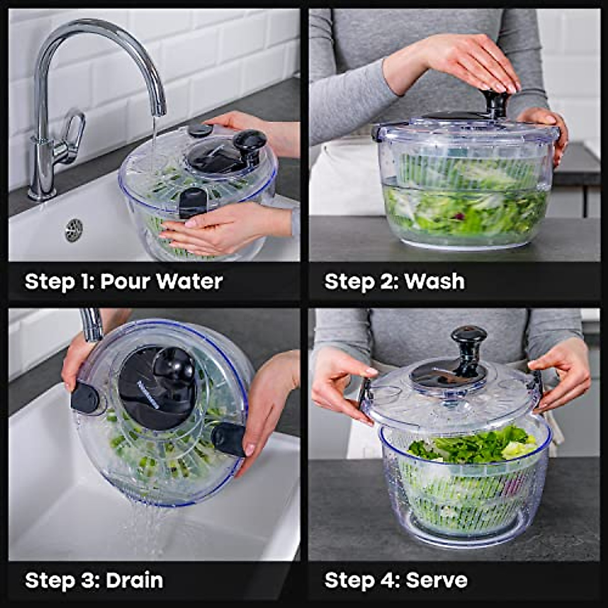 Joined Salad Spinner with Storage Lid, Drain, Bowl, and Colander - Quick and Easy Multi-Use Lettuce Spinner, Vegetable Dryer, Fruit Washer, Pasta and Fries Spinner - 3.7 Qt
