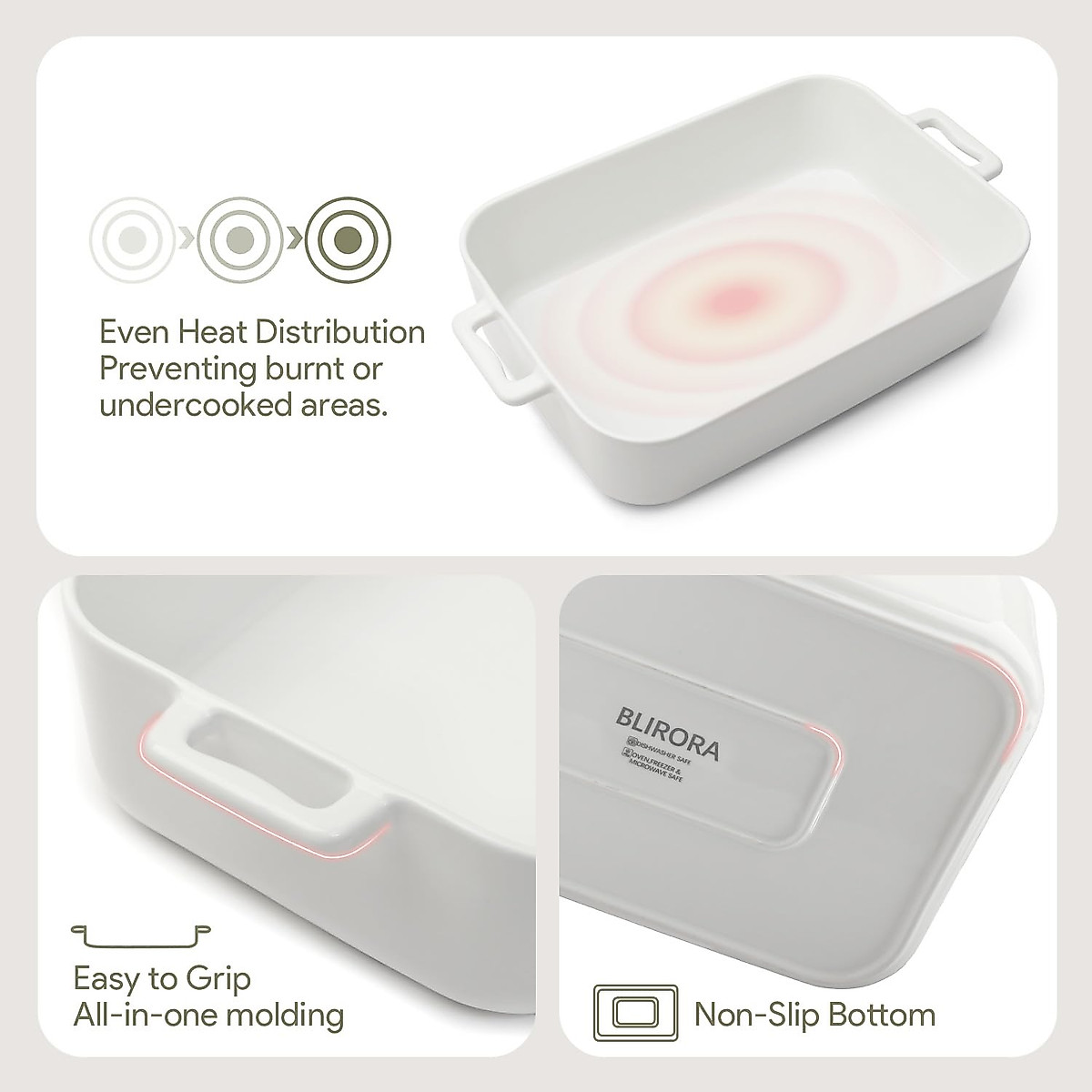 BLIRORA Deep Ceramic Baking Dish, 9x13 Inch Casserole Dish for Oven, 152 oz Large Elegant Design Lasagna Pan with Handles- Durable Serving Bakeware for Lasagna, Roasting and Baking, White