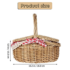 Wicker Basket with Liner Camping Picnic Basket Shopping Storage Hamper with Lid and Handle for Barbecue Food Storage Container Sundries Organizer Red Fruit Vegetable Storage Basket