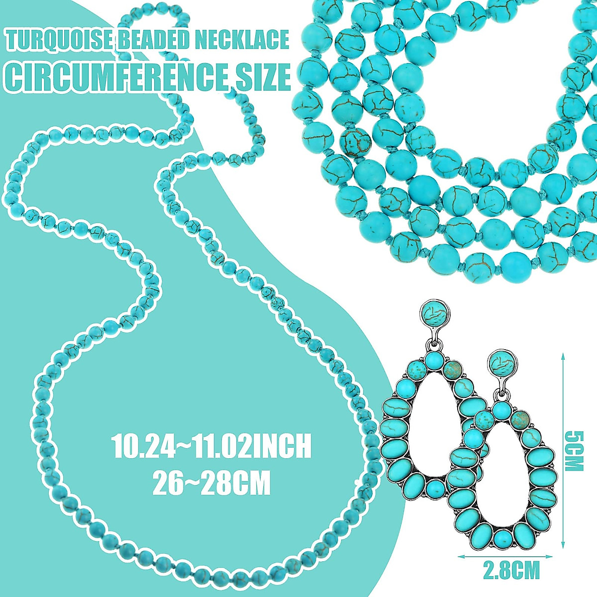 Bonuci Women Necklace Set Long Turquoise Beads Endless Vintage Jewelry Simulated Collar Western Necklace Cute Turquoise Jewelry Earring Accessories (Exquisite)