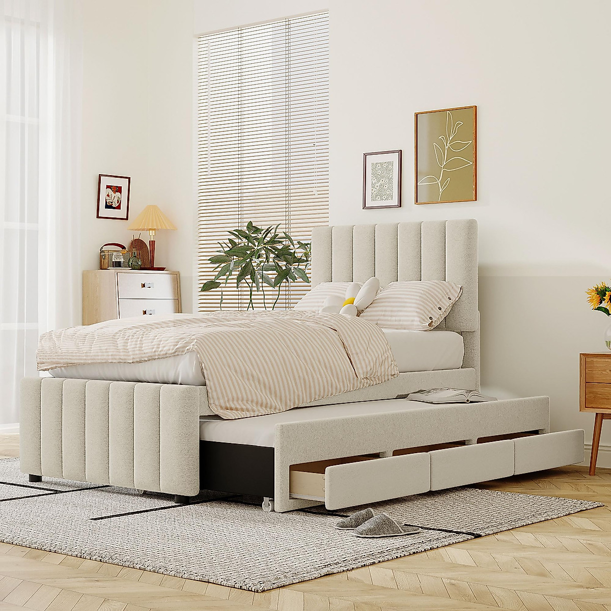 HABUHOME Upholstered Platform Bed, Twin Size Wooden Bed Frame with Pull-Out Twin Size Trundle and 3 Drawers, Wood Slat Support, No Box Spring Needed, Linen Fabric, Beige