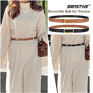 SANSTHS Reversible Belts for Women, Two-in-one Thin Waist Belt Women for Dresses Jeans Coats with Gold Buckle, Black+Brown, M