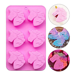 Fewo 6 Cavities Unicorn Head Cupcake Mold, Non-stick Unicorn Shaped Silicone Mould for Party Cakes Soaps Bath Bombs Jello Shots Kids' Baking Supplies