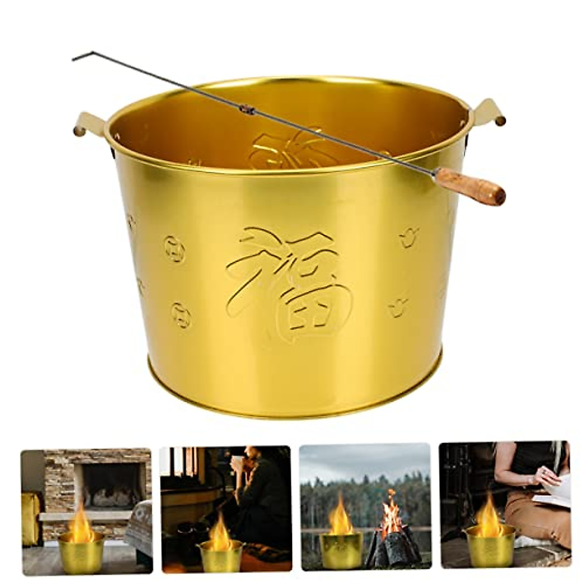 Veemoon Trash Golden Steel Leaves Bonfire Leaf Ash Fortune Bin Garden Wood Tongs Home Paper Barrel Hook Can Fireplace Fire Pit Stainless Bucket Money Sacrifice with Basin Yard Backyard