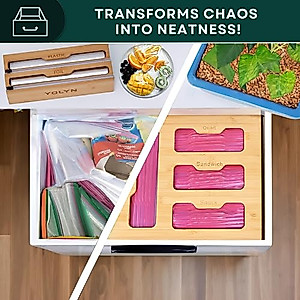 YOLYN Ziplock Bag Organizer & Plastic Wrap Dispenser with Cutter - Bamboo Kitchen drawer organizer, Foil & Food Bag Storage Organizer Compatible with Gallon, Quart, Sandwich and Snack Bags