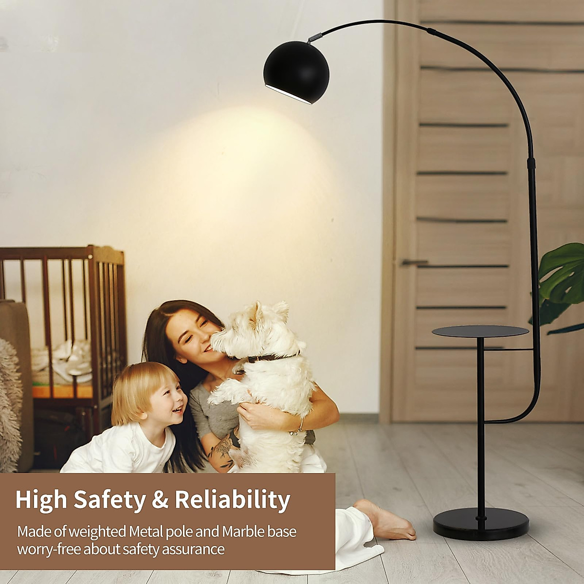 O'NEELDY Modern Black Arc Floor Lamp with Table Attached 71" Height Marble Arched Floor Lamp Curved Tall Shelf Standing Lamp for Living Room, Bedroom, Office, 360° Shade, E26 Bulb Included