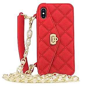 Omio for iPhone XR Handbag Case with Card Holder Wrist Lanyard Soft Silicone Shell for iPhone XR Wallet Case for Women with Strap Shockproof Drop Protection Noble Luxury Cover for iPhone XR Case Red