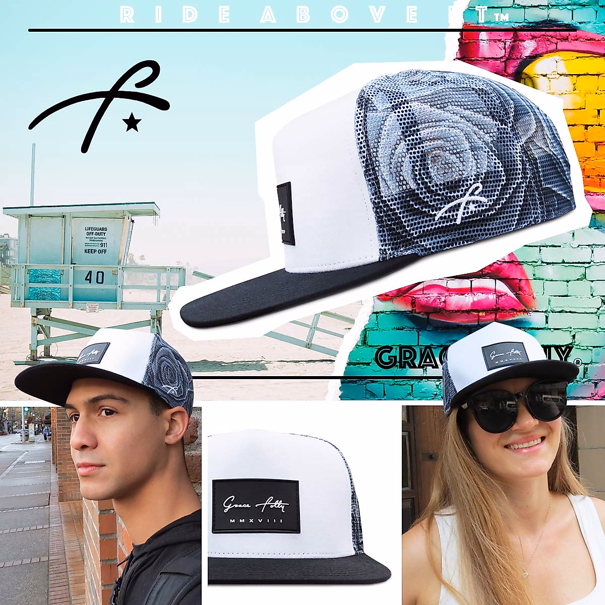 Grace Folly Trucker Hat for Men & Women. Snapback Mesh Caps (One Size, Rose- Gray)