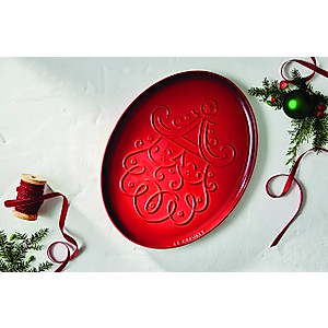 Le Creuset Stoneware Noel Collection: Oval Santa Cookie Platter, 14 oz., Cerise w/Embossed Design