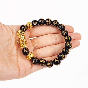 INENIMARTJ Feng Shui Black Obsidian Wealth Bracelets, Pi Xiu Bracelet Adjustable Elastic Band Mantra Amulet Feng Shui Bracelet for Women Men