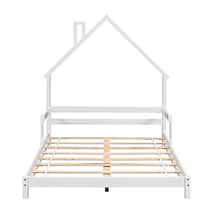 Floor Bed for Kids, Full Size Montessori Bed with House Shape Headboard, Wood House Bed with Slats for Boys Girls, Low Platform Bed, No Box Spring Needed, White