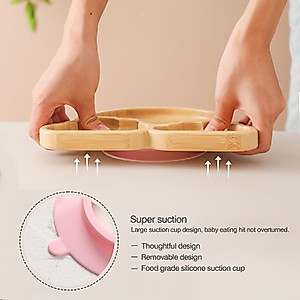 Bamboo Suction Plates Bowls Set for Baby Toddler Divided Platter Food bowl with Silicone Fork & Spoon All-Natural Baby Feeding Set for Baby-Led Weaning, Non-Slip Design