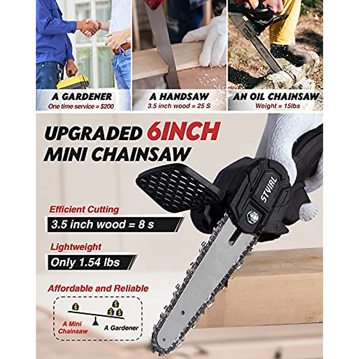 Styirl Mini Cordless Electric Chainsaw - 4/6 Inch Mini Electric Chain Saw, Small Hand Chainsaws, Power Chain Saws for Tree Battery Powered with 2 Pcs 24V Batteries, Christmas Gifts for Men/Women
