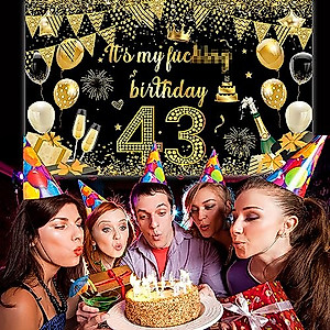 It's My Birthday banner Backdrop，Large Happy Birthday party decorations Backdrop ，Fun Black Gold Banner Birthday Decoration Supplies(Black gold 43)