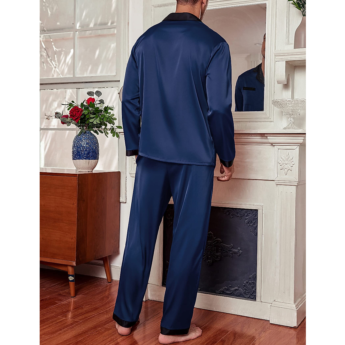 Ekouaer Men's Silk Pajama Set Long Satin Loungewear 2 Piece Pjs Classic Button Down Sleepwear Navy Blue