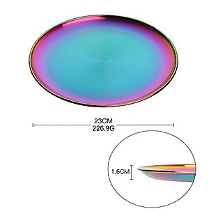 BISDARUN 4-Piece Stainless Steel Dinner Plates Dessert Salad Plates Set Indian, Mingcheng 9.1 Inch Colorful Metal Platter for Camping, Unbreakable and Reusable Dishwasher Safe (Rainbow)