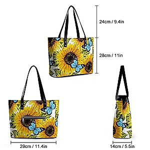 Womens Handbag Sunflowers Blue Butterflies Leather Tote Bag Top Handle Satchel Bags For Lady