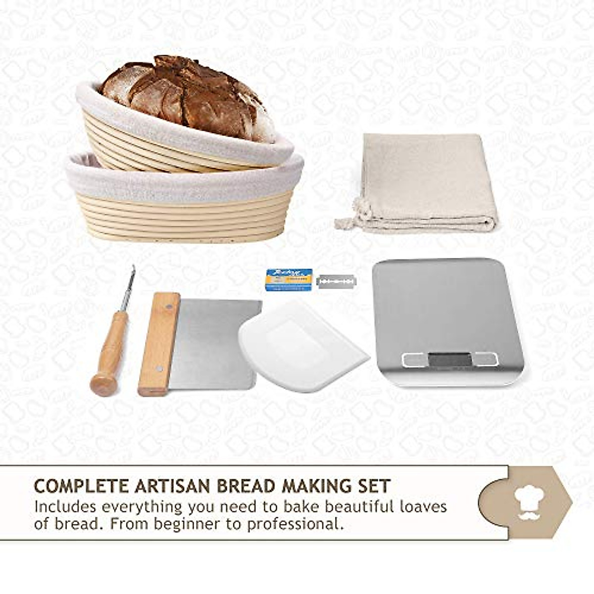 La Patisserie Bread Proofing Basket – 11 Piece Bread Baking Kit with Round and Oval Banneton Basket, Liners, Dough Scrapers, Scoring Lame, Blades, Digital Scale, Canvas Bread Bag