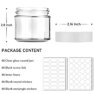Bumobum 2 oz Glass Jars with Lids, 48 pack Clear Round Small Containers with White Lids, Blank Labels & Inner Liners, Empty Cosmetic Containers for Sample, Powder, Cream